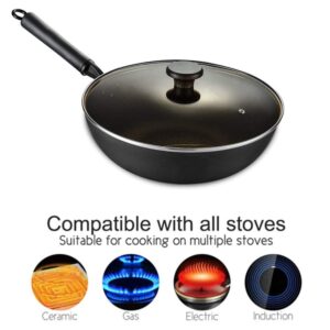 KYTD Carbon Steel Wok Pan, 12.5 inch Nonstick Stir Fry Wok with Glass Lid, Flat Bottom Cookware Chinese Wok for Induction, Gas, Halogen All Stoves