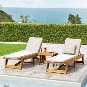 Christopher Knight Home Eugene Outdoor Acacia Wood 3 Piece Chaise Lounge Set, Teak Finish, Yellow, Cream