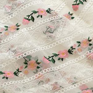 130cm Width Colorful Floral Embroidery Strip Pattern Haute Couture Lace Fabric by The Yard (White)