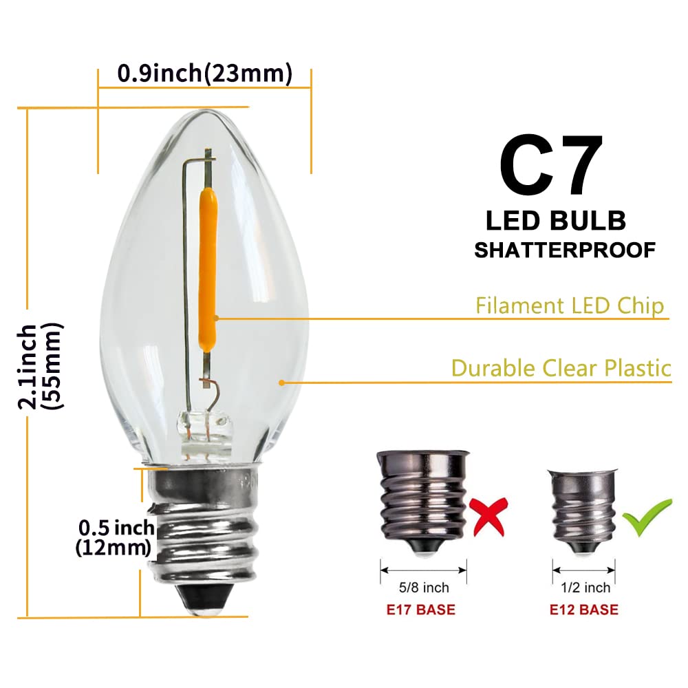 KGC C7 Christmas Replacement LED Light Bulbs - 0.6W Equivalent to 7W, Warm White 2200K, Waterproof Clear Plastic Night Light Bulbs, C7 E12 Candelabra Base for Christmas String Light (25 Pack)