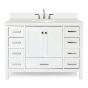 dkb beckford bathroom vanity 49" white with 1.5" edge pure white quartz countertop & backsplash, center oval sink, 2 soft closing doors, 9 full extension dovetail drawers, brushed nickel