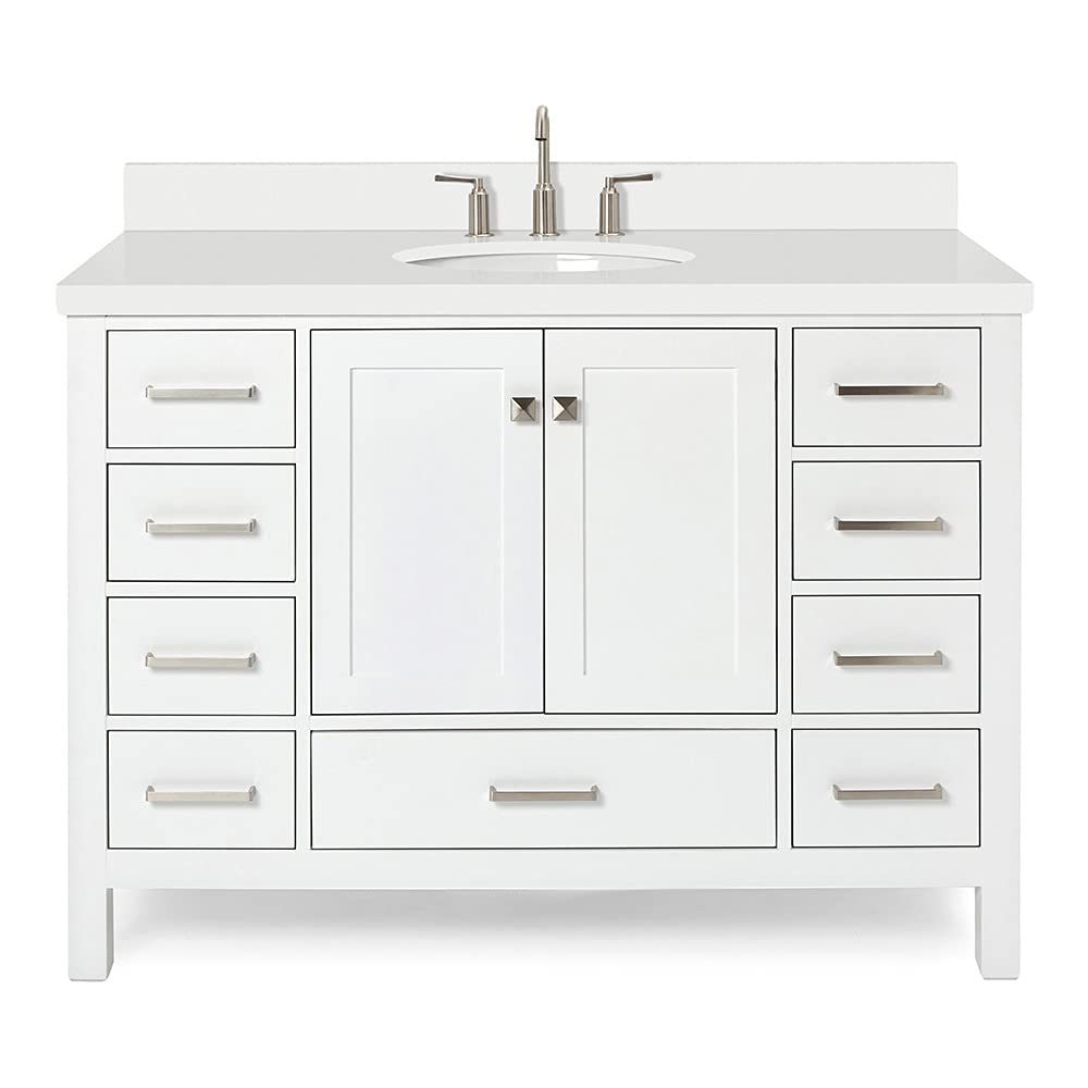 DKB Beckford Bathroom Vanity 49" White with 1.5" Edge Pure White Quartz Countertop & Backsplash, Center Oval Sink, 2 Soft Closing Doors, 9 Full Extension Dovetail Drawers, Brushed Nickel