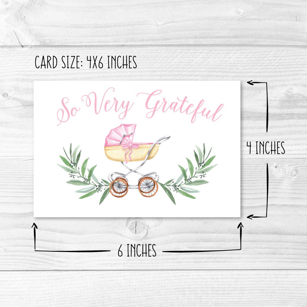 Hadley Designs 24 Pink Carriage Baby Shower Thank You Cards With Envelopes, Girl Sprinkle Thank-You Note, 4x6 Gratitude Card Gift For Guest Pack, Gender Reveal DIY So Grateful Greenery Vintage