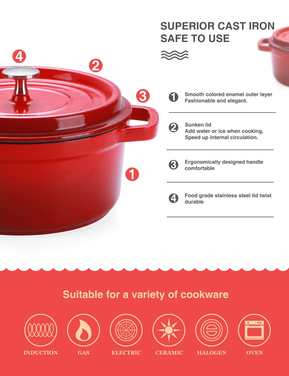 SULIVES Enameled Cast Iron Dutch Oven Non-Stick Cookware Pot with Lid Suitable for Bread Baking Use on Gas Electric Oven 1.5 Quart, Red