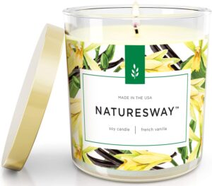 stillwater bath and body™ naturesway™ french vanilla odor eliminating scented candle for home - non-toxic, long lasting, all natural soy wax candle - 12.5 ounce jar with lid - hand made in the usa