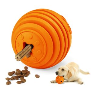 laroo dog feeder puzzle toy ball, natural rubber dog chew toy snack dispenser, bite resistant interactive dog toy treat dispensing aggressive chewers for small medium large dog (9cm ball orange)