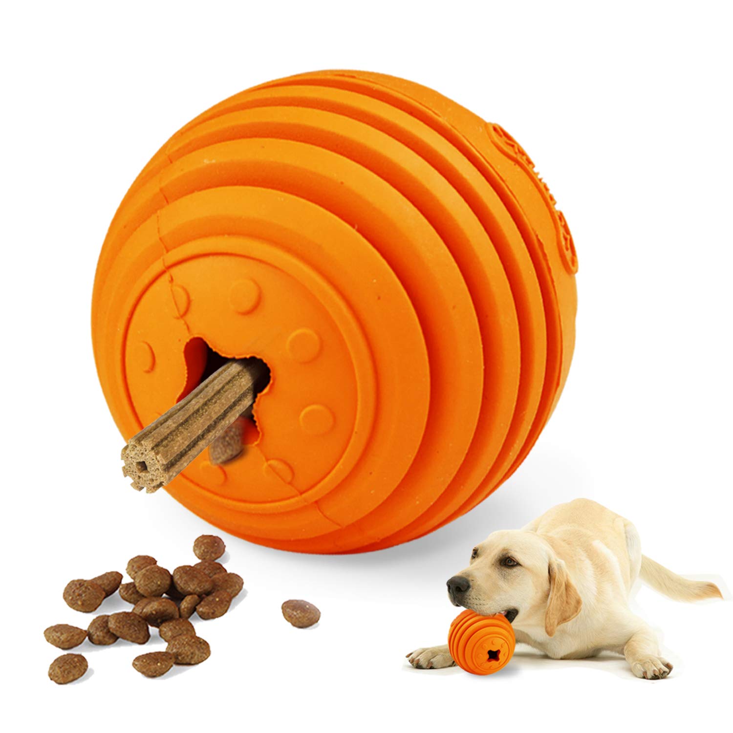 LaRoo Dog Feeder Puzzle Toy Ball, Natural Rubber Dog Chew Toy Snack Dispenser, Bite Resistant Interactive Dog Toy Treat Dispensing Aggressive Chewers for Small Medium Large Dog (9cm Ball Orange)