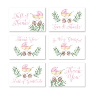 hadley designs 24 pink carriage baby shower thank you cards with envelopes, girl sprinkle thank-you note, 4x6 gratitude card gift for guest pack, gender reveal diy so grateful greenery vintage