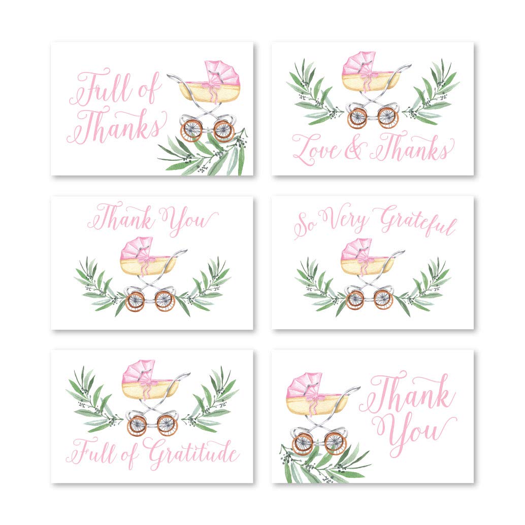 Hadley Designs 24 Pink Carriage Baby Shower Thank You Cards With Envelopes, Girl Sprinkle Thank-You Note, 4x6 Gratitude Card Gift For Guest Pack, Gender Reveal DIY So Grateful Greenery Vintage