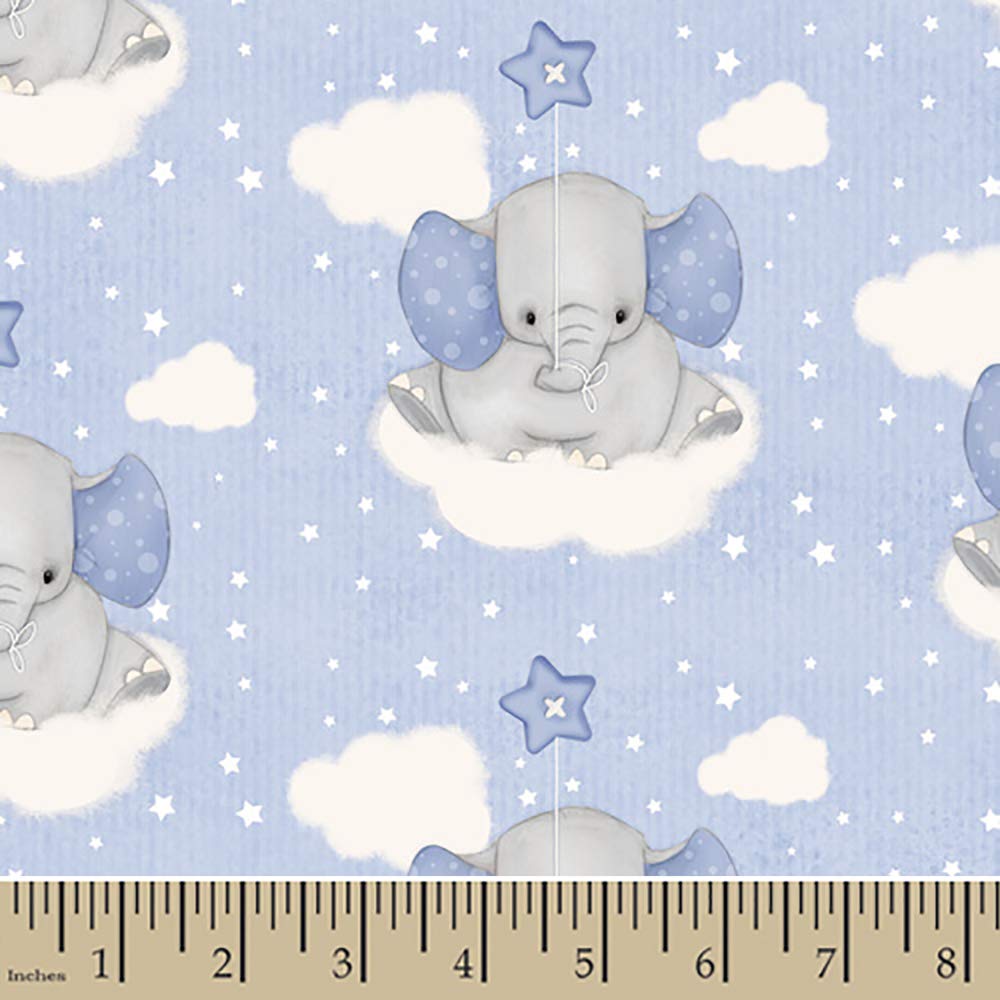 Flannel Comfy Cutest Baby Elephant Cloud Blue Fabric AE Nathan Sold by The Yard L