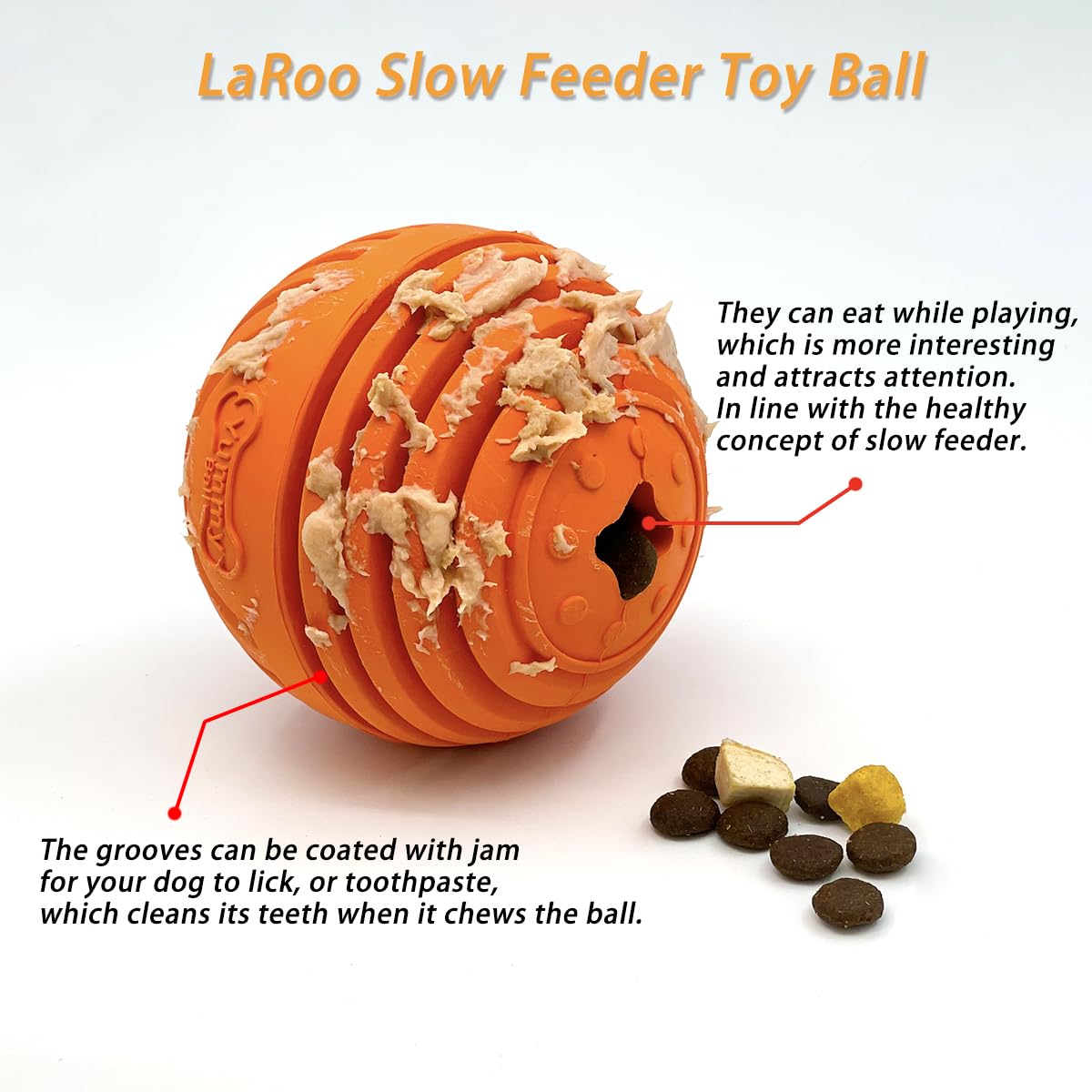 LaRoo Dog Feeder Puzzle Toy Ball, Natural Rubber Dog Chew Toy Snack Dispenser, Bite Resistant Interactive Dog Toy Treat Dispensing Aggressive Chewers for Small Medium Large Dog (9cm Ball Orange)