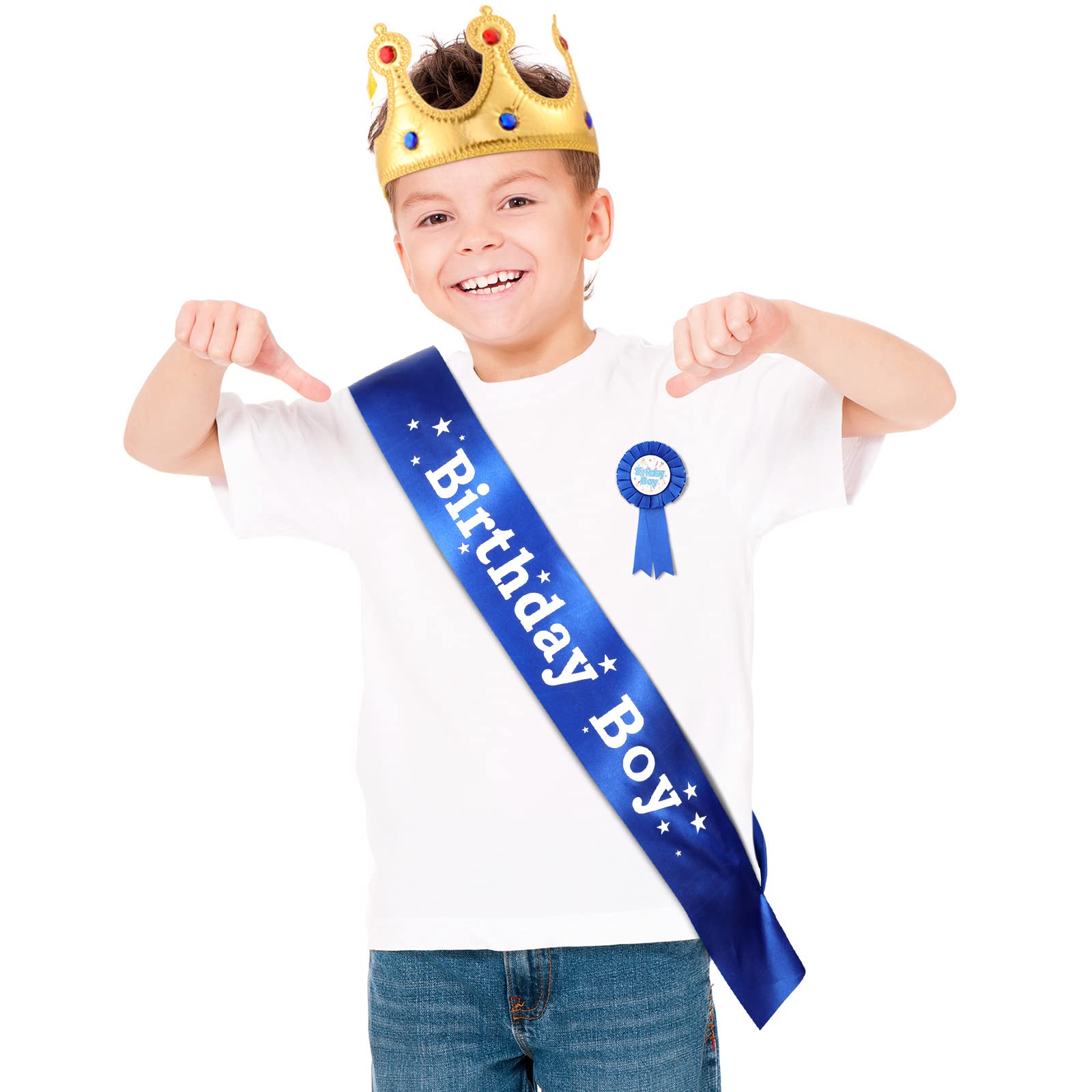 WILLBOND Birthday Crown, Sash and Button Pin Accessory Set for Boys Kids Theme Birthday Party Decoration