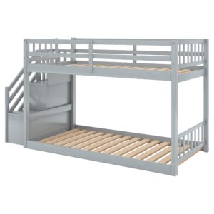 Harper & Bright Designs Low Bunk Beds Twin Over Twin Size, Solid Wood Bunk Bed with Storage and Guardrail for Kids and Toddler