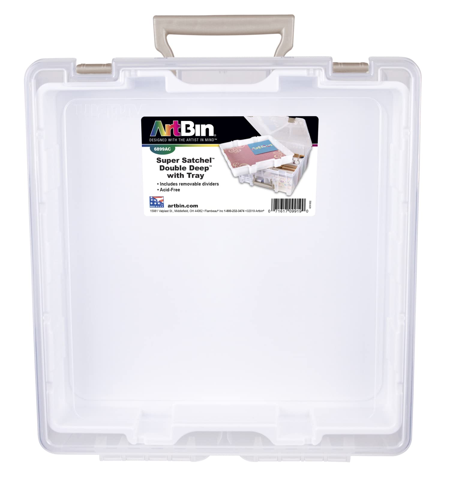 ArtBin 6899AZ Super Satchel Double Deep with Lift-Out Tray Storage Container, Portable Arts & Crafts Organizer with Removable Dividers, Clear