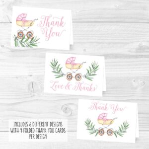 Hadley Designs 24 Pink Carriage Baby Shower Thank You Cards With Envelopes, Girl Sprinkle Thank-You Note, 4x6 Gratitude Card Gift For Guest Pack, Gender Reveal DIY So Grateful Greenery Vintage