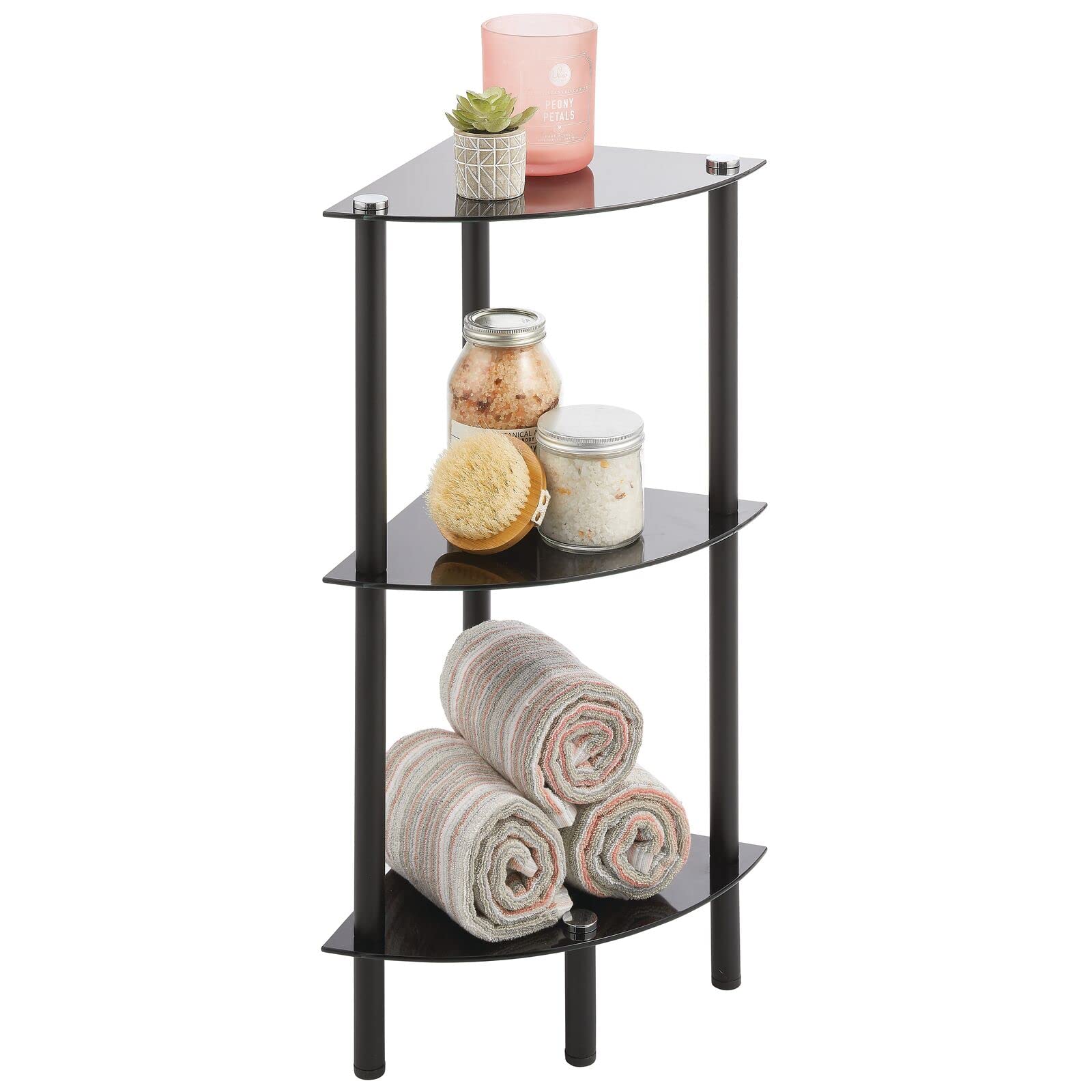 mDesign Modern Glass Corner 3-Tier Storage Organizer Tower Cabinet with Open Shelves - Household Furniture for Bathroom, Office, Bedroom, Living Room - Holds Books, Plants, Candles - Black/Black