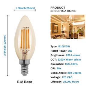 New Lights 2W Candelabra Led Bulbs, Dimmable E12 Chandelier Light Bulbs, 2200K, C35 Filament Led Candle Light Bulbs (Warm White, 6 Pack)