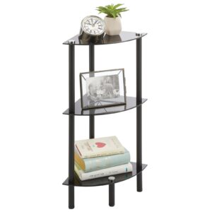 mdesign modern glass corner 3-tier storage organizer tower cabinet with open shelves - household furniture for bathroom, office, bedroom, living room - holds books, plants, candles - black/black