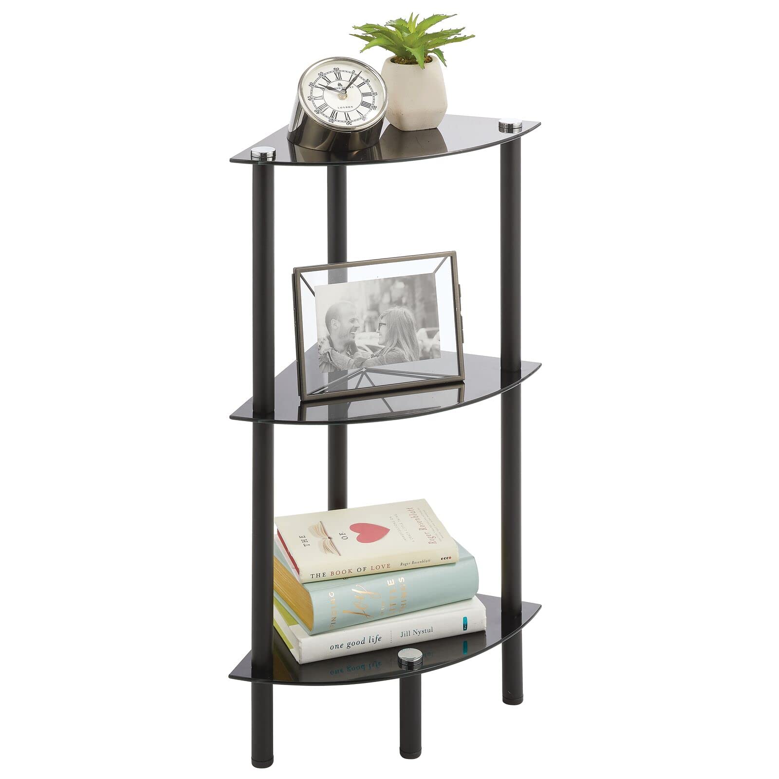 mDesign Modern Glass Corner 3-Tier Storage Organizer Tower Cabinet with Open Shelves - Household Furniture for Bathroom, Office, Bedroom, Living Room - Holds Books, Plants, Candles - Black/Black