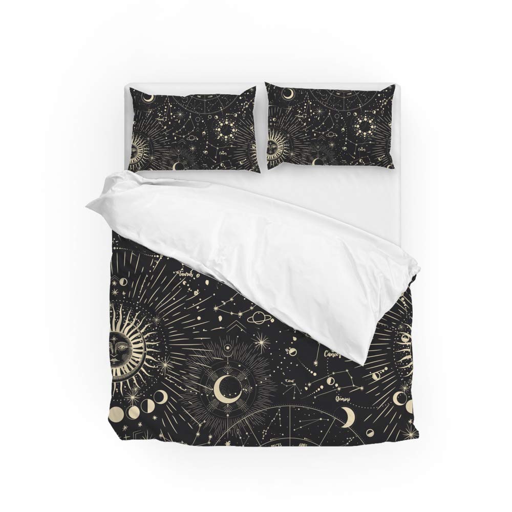 kuizee Moon Phases Sun Zodiac Mysterious Astrology Duvet Cover Bedding Sets Brushed Polyester Ultra Soft All Season Comforter Queen