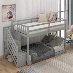 Harper & Bright Designs Low Bunk Beds Twin Over Twin Size, Solid Wood Bunk Bed with Storage and Guardrail for Kids and Toddler