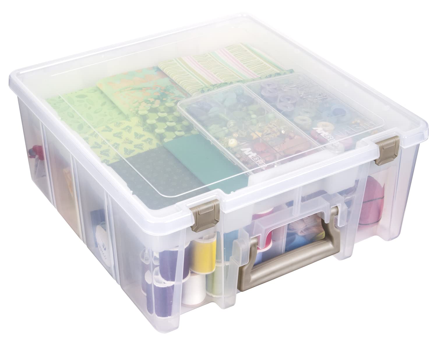 ArtBin 6899AZ Super Satchel Double Deep with Lift-Out Tray Storage Container, Portable Arts & Crafts Organizer with Removable Dividers, Clear