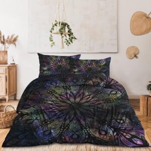 Sleepwish 3pcs Ancient Geometric Boho Duvet Cover Set Black Purple Mandala Bedding Set Bohemian Comforter Cover Soft Microfiber (King)