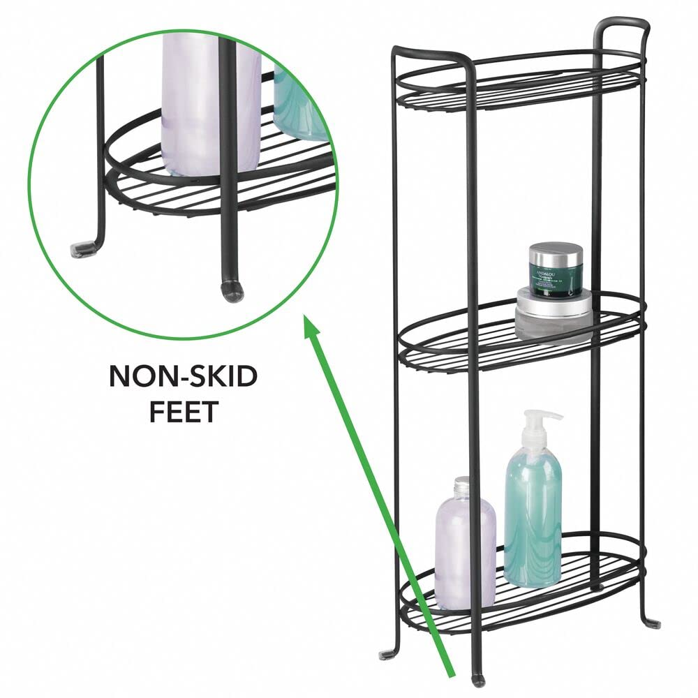 mDesign 3 Tier Vertical Standing Bathroom Shelving Unit, Decorative Metal Storage Organizer Tower Rack with 3 Basket Bins to Hold and Organize Bath Towels, Hand Soap, Toiletries - Black