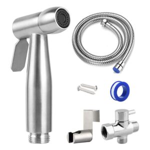 handheld bidet sprayer for toilet. multipurpose rear washing/feminine hygiene/pet bathing/baby cloth diaper sprayer. brushed stainless steel sprayer, easy install and saves on toilet paper.