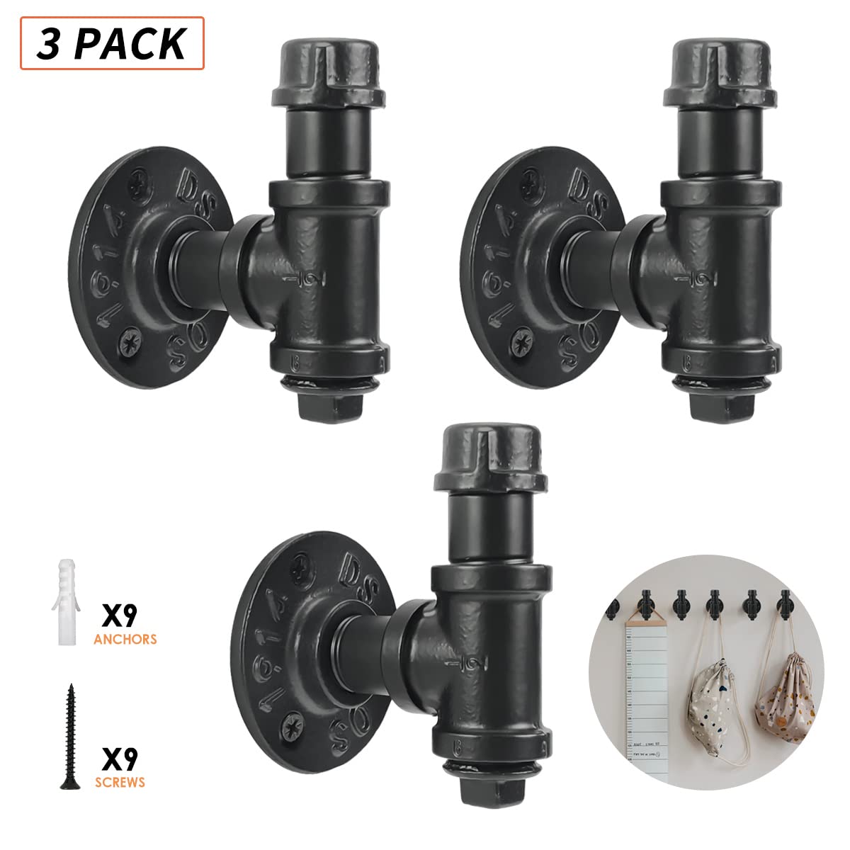 Qualward Industrial Black Bathroom Towel Hooks for Hanging, Heavy Duty Iron Pipe Coat Hook, Towel Hanger Holder Rustic Farmhouse Decorative Style Wall Mounted - 3 Pack