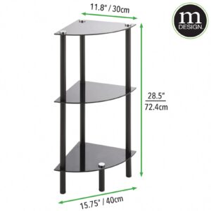 mDesign Modern Glass Corner 3-Tier Storage Organizer Tower Cabinet with Open Shelves - Household Furniture for Bathroom, Office, Bedroom, Living Room - Holds Books, Plants, Candles - Black/Black