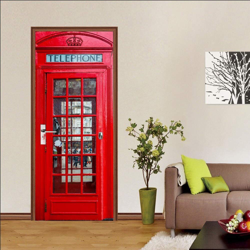 XIANGJUN Door Sticker Decor Removable Mural Wallpaper of PVC Art Sticker, London Red Phone Booth Wall Decal Art 3D Wallpaper