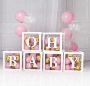 poshbebe baby shower decorations for girl and boy - 6 clear boxes with oh and baby stickers - gender reveal transparent box for balloons, birthday, bridal shower and wedding decorations