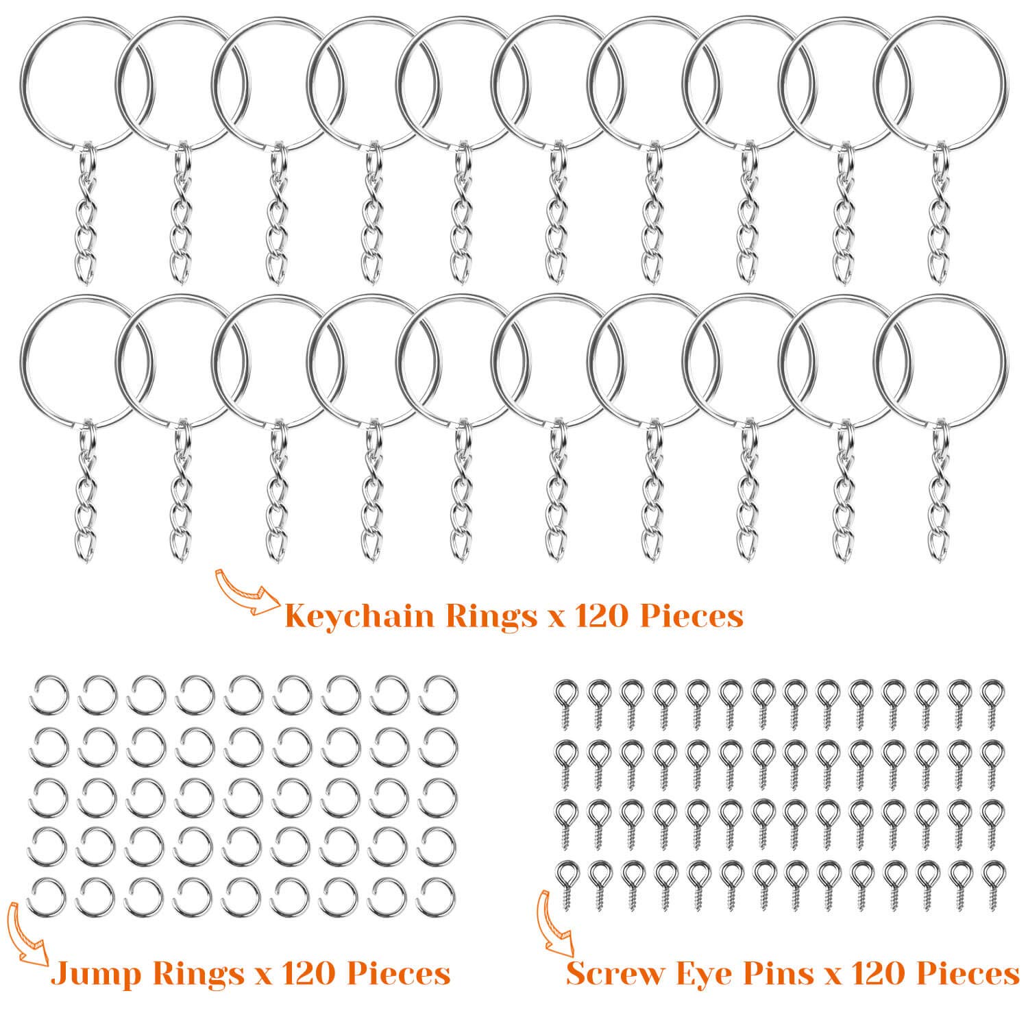 Audab 360Pcs Keychain Bulk, 120Pcs Keychain Rings with Chain and 120Pcs Open Jump Ring with 120Pcs Screw Eye Pins for Crafts and Jewelry Making