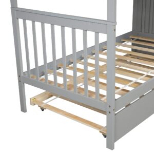 Merax Twin Over Twin Bunk Bed with Trundle, Storage Staircase and Full Length Guardrail, Solid Wood Stairway Bunk Bed, No Spring Box Needed (Grey)