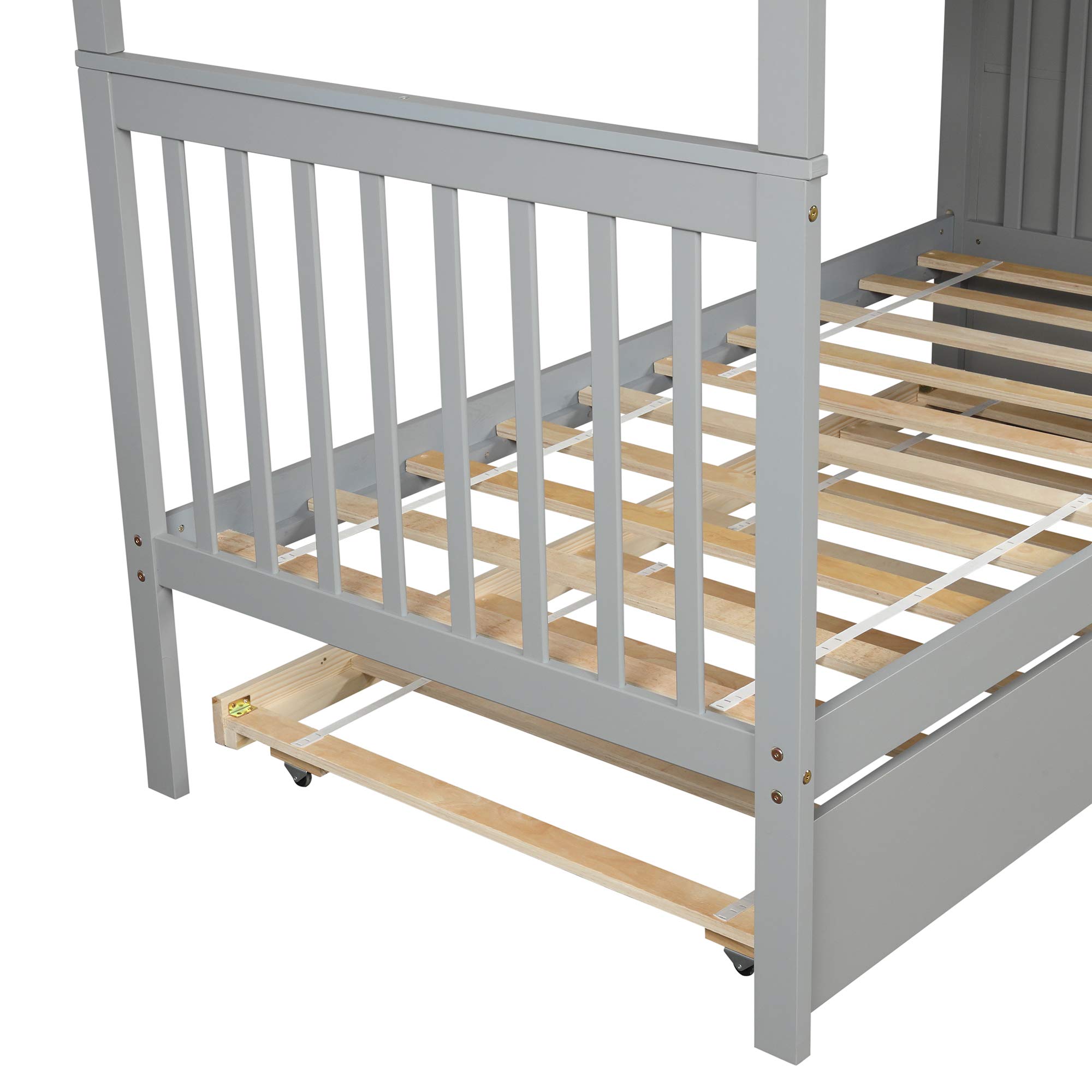 Merax Twin Over Twin Bunk Bed with Trundle, Storage Staircase and Full Length Guardrail, Solid Wood Stairway Bunk Bed, No Spring Box Needed (Grey)