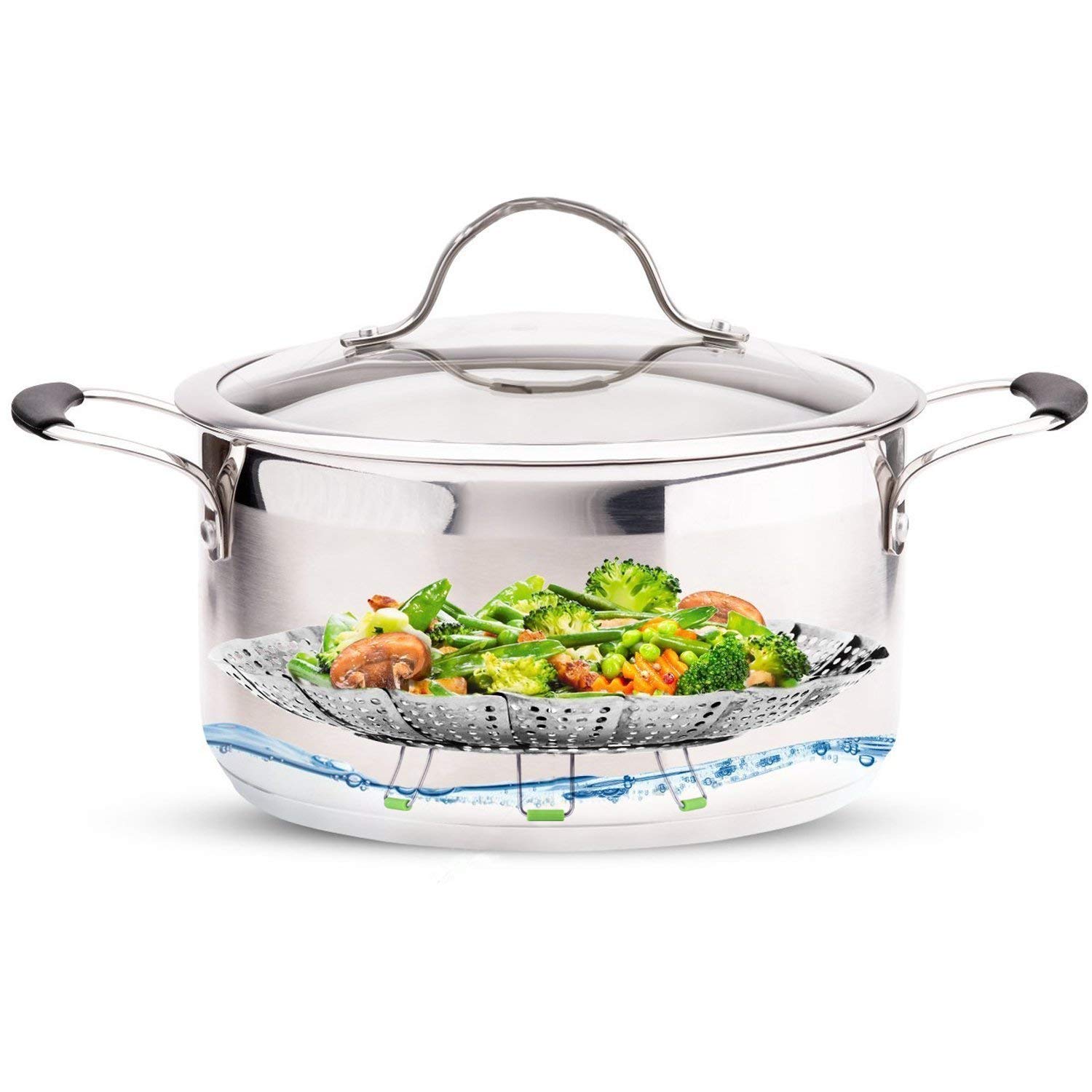 Consevisen Vegetable Steamer Basket for Cooking Food, Stainless Steel Veggie Steam Basket for Pot, Folding Expandable Steaming Insert with Extendable Handle Fits Various Size Pot, 6.4" to 10"