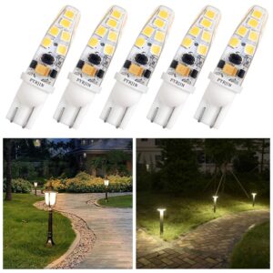 pyjr t10 wedge base led bulbs 12v low voltage landscape, ac/dc 12v, 2w 200lm, 3000k warm white, for landscape pathway lighting, deck stair, step, and automotive rv lights. (pack of 5)