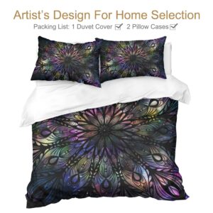 Sleepwish 3pcs Ancient Geometric Boho Duvet Cover Set Black Purple Mandala Bedding Set Bohemian Comforter Cover Soft Microfiber (King)