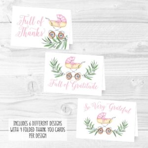 Hadley Designs 24 Pink Carriage Baby Shower Thank You Cards With Envelopes, Girl Sprinkle Thank-You Note, 4x6 Gratitude Card Gift For Guest Pack, Gender Reveal DIY So Grateful Greenery Vintage