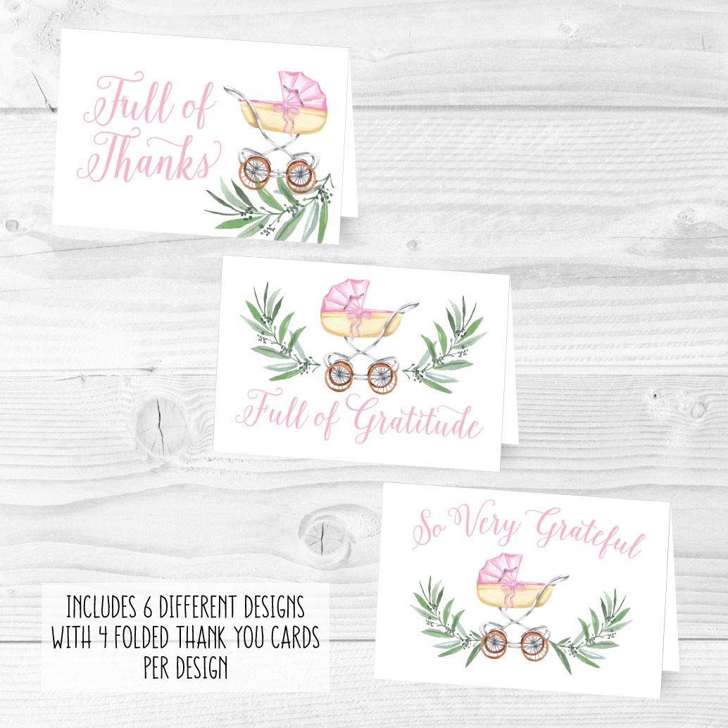 Hadley Designs 24 Pink Carriage Baby Shower Thank You Cards With Envelopes, Girl Sprinkle Thank-You Note, 4x6 Gratitude Card Gift For Guest Pack, Gender Reveal DIY So Grateful Greenery Vintage