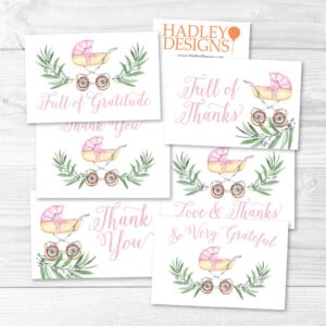 Hadley Designs 24 Pink Carriage Baby Shower Thank You Cards With Envelopes, Girl Sprinkle Thank-You Note, 4x6 Gratitude Card Gift For Guest Pack, Gender Reveal DIY So Grateful Greenery Vintage