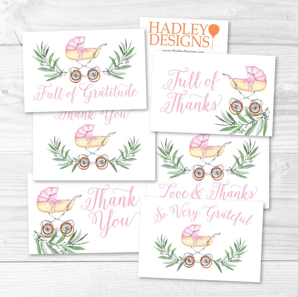 Hadley Designs 24 Pink Carriage Baby Shower Thank You Cards With Envelopes, Girl Sprinkle Thank-You Note, 4x6 Gratitude Card Gift For Guest Pack, Gender Reveal DIY So Grateful Greenery Vintage