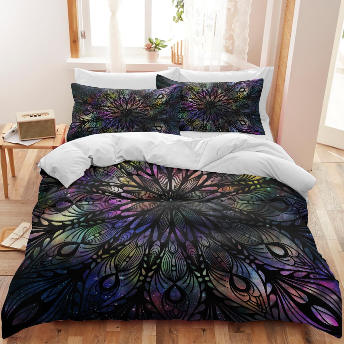 Sleepwish 3pcs Ancient Geometric Boho Duvet Cover Set Black Purple Mandala Bedding Set Bohemian Comforter Cover Soft Microfiber (King)