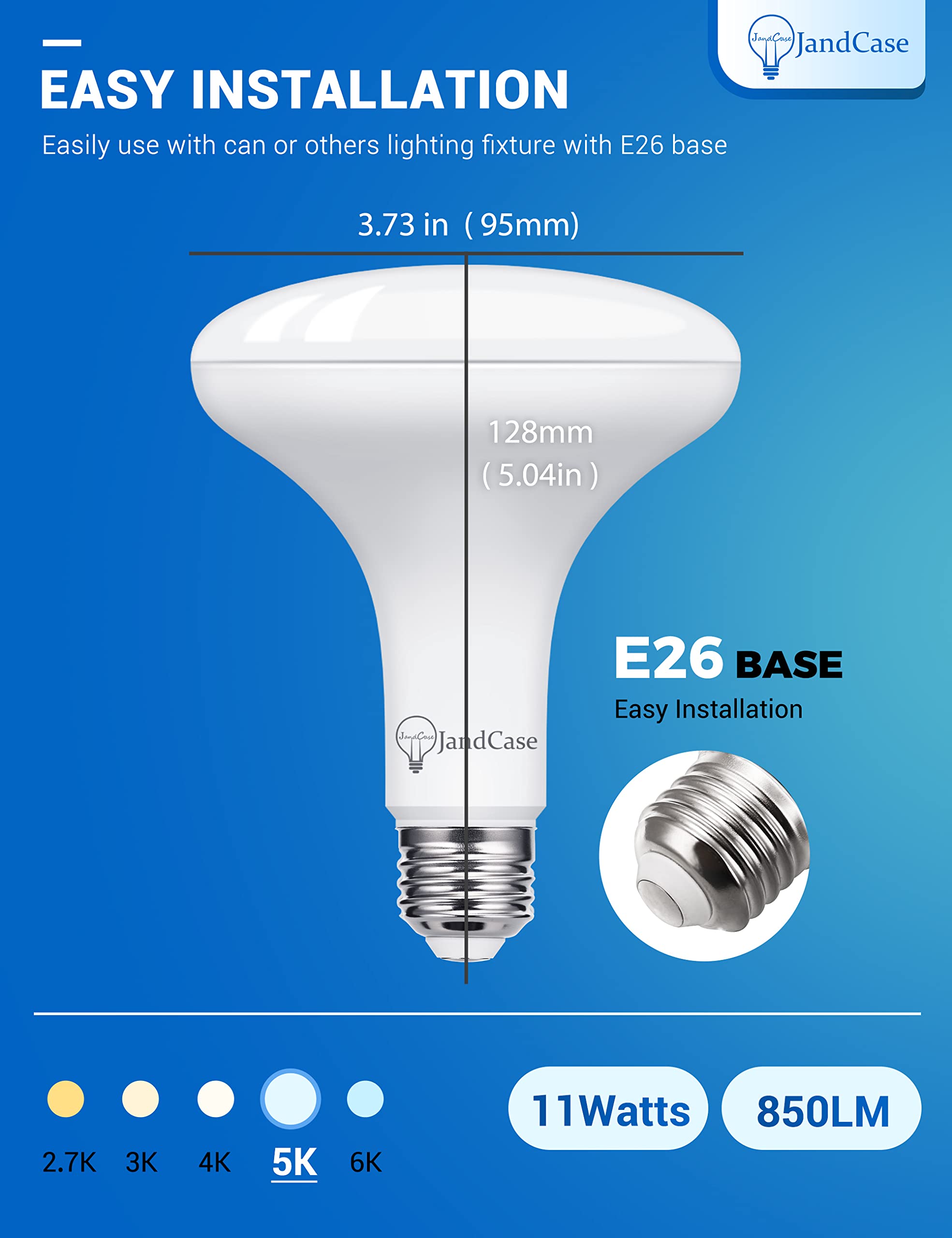 JandCase BR30 LED Flood Light Bulbs, Indoor Flood Light Bulbs, E26 Base, Dimmable, 11W(65W Equivalent), 5000K Daylight White, 850lm, UL & Energy Star Listed, 6 Pack