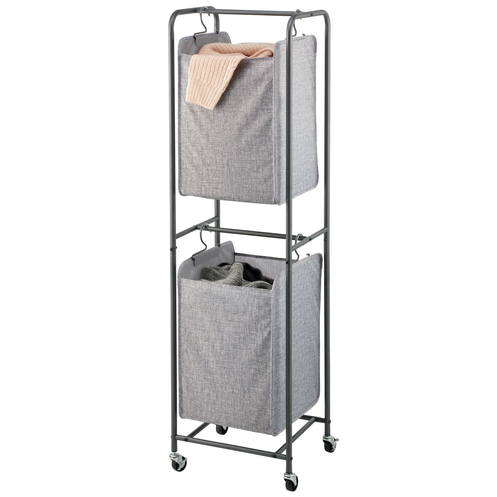 mDesign Vertical Stacked Laundry Hamper Basket with Wheels, Portable, 2 Removable Bags for Organizing Clothes, Laundry, Lights, Darks - Strong Metal Frame - Dark Gray