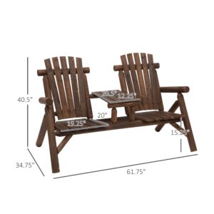 Outsunny 2-Seat Wooden Adirondack Chair, Patio Bench with Table, Outdoor Loveseat Fire Pit Chair for Porch, Backyard, Deck, Carbonized