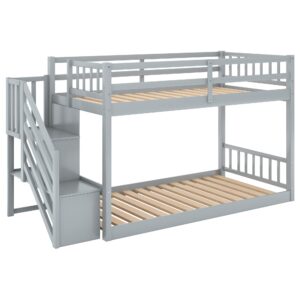 Harper & Bright Designs Low Bunk Beds Twin Over Twin Size, Solid Wood Bunk Bed with Storage and Guardrail for Kids and Toddler