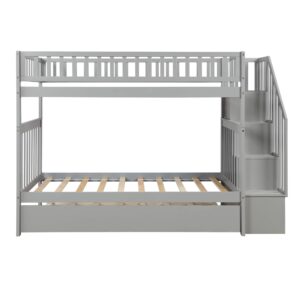 Merax Twin Over Twin Bunk Bed with Trundle, Storage Staircase and Full Length Guardrail, Solid Wood Stairway Bunk Bed, No Spring Box Needed (Grey)