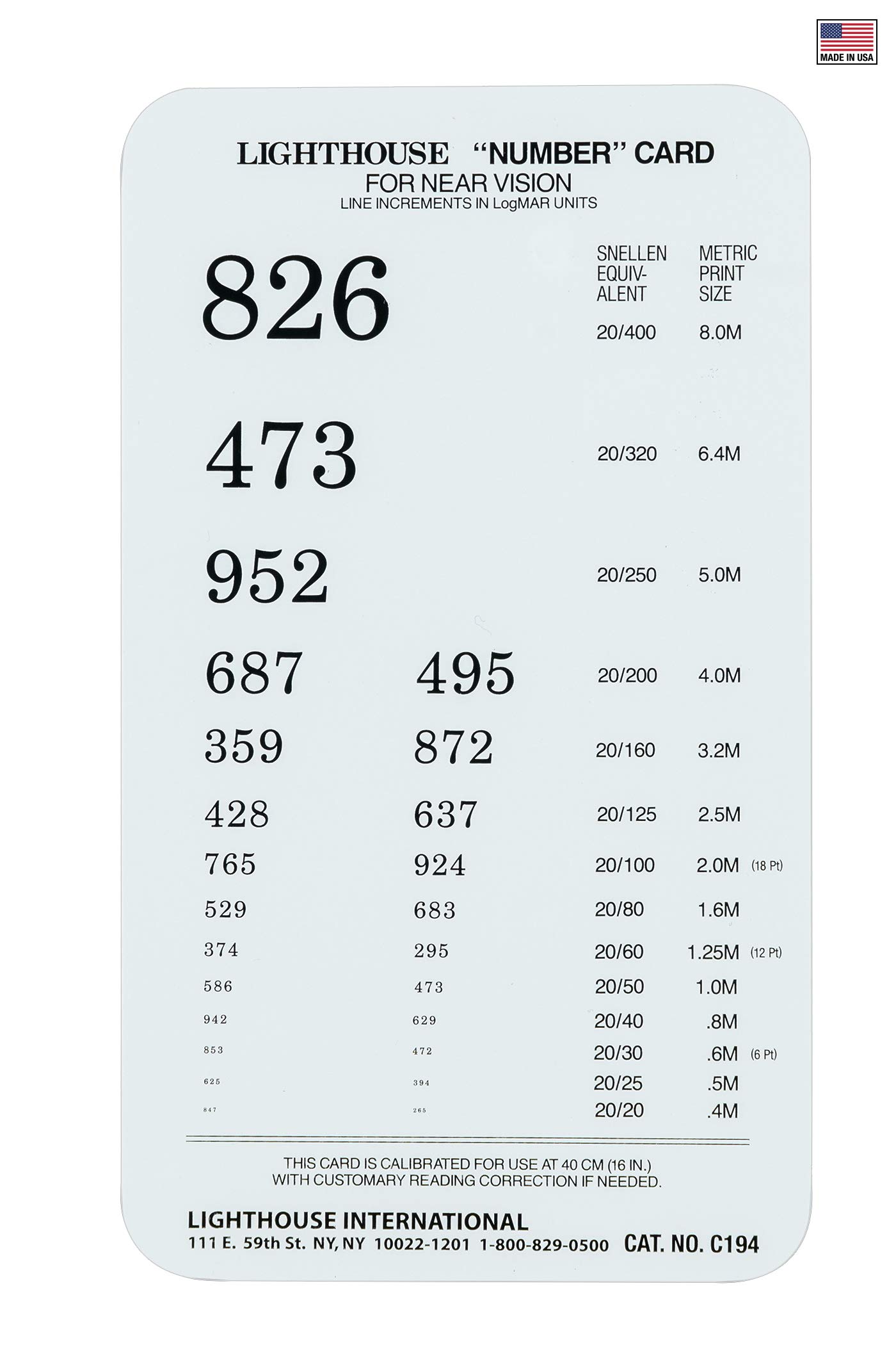 Lighthouse PowerCard Number Recognition Pocket-Size Test Card, 40cm / 16 in. LH 9259